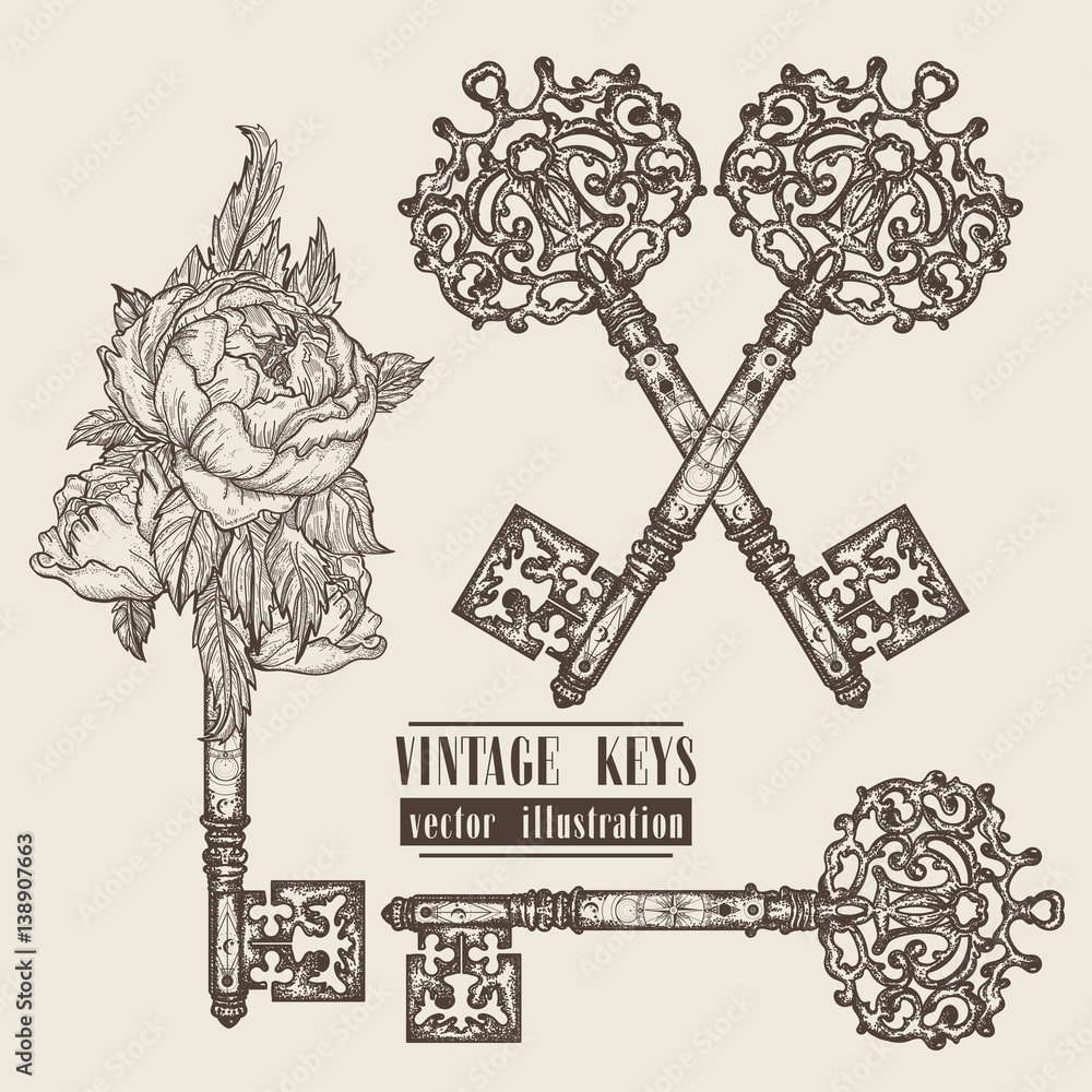 Ornamental medieval vintage keys collection. Hand drawn old keys design ...