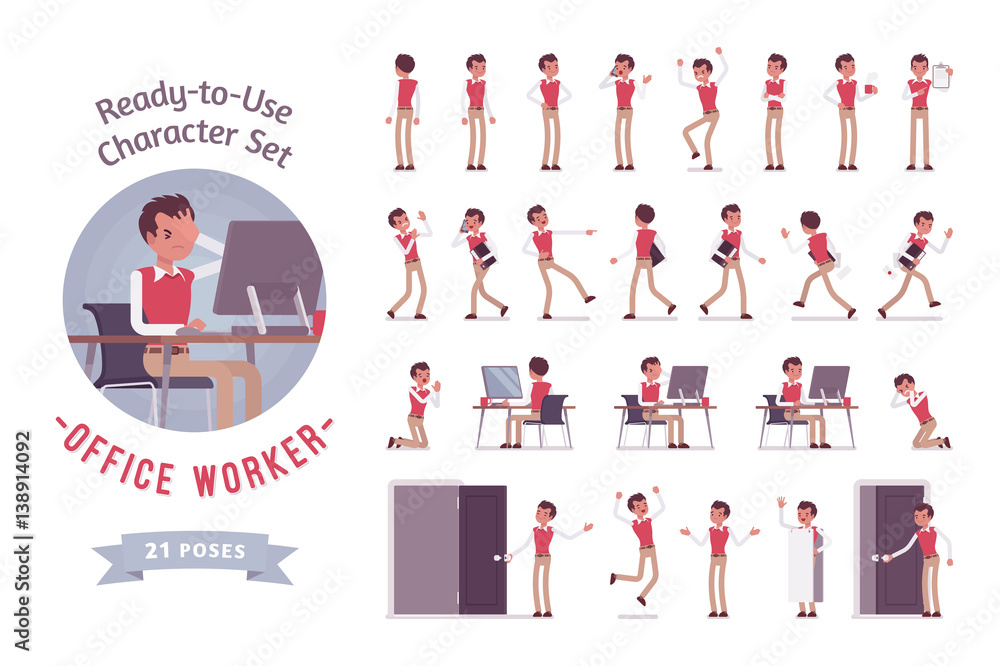 Ready-to-use young male office worker character set, different poses ...