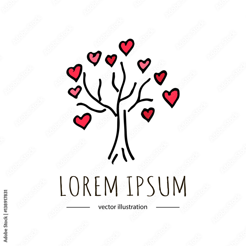 Hand drawn cartoon style doodle Donation symbol icon - tree with hearts ...