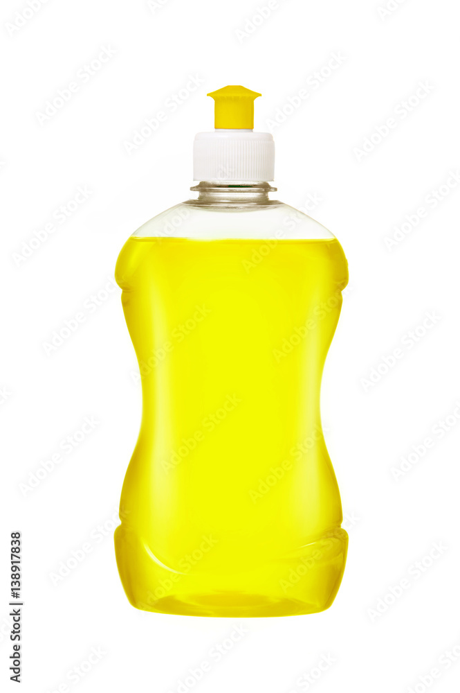 Dishwashing liquid detergent in plastic bottle. Yellow color ...