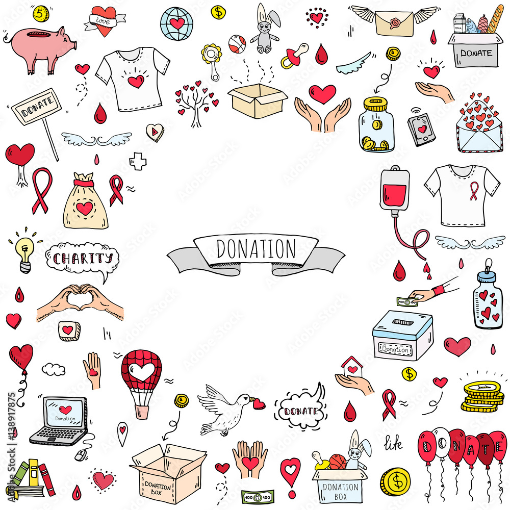 Hand drawn doodle Donation icons set. Vector illustration. Charity ...