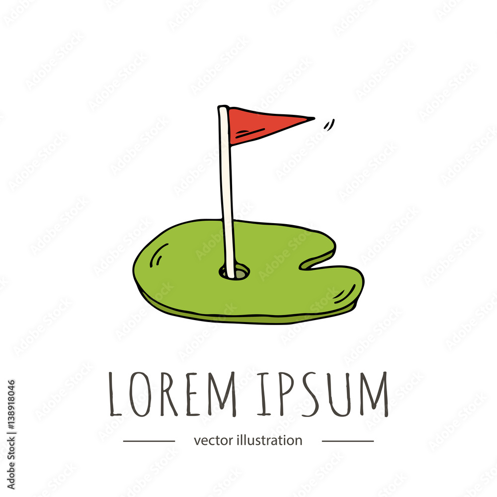 Hand drawn cartoon style doodle Golf hole with flag icon. Vector ...