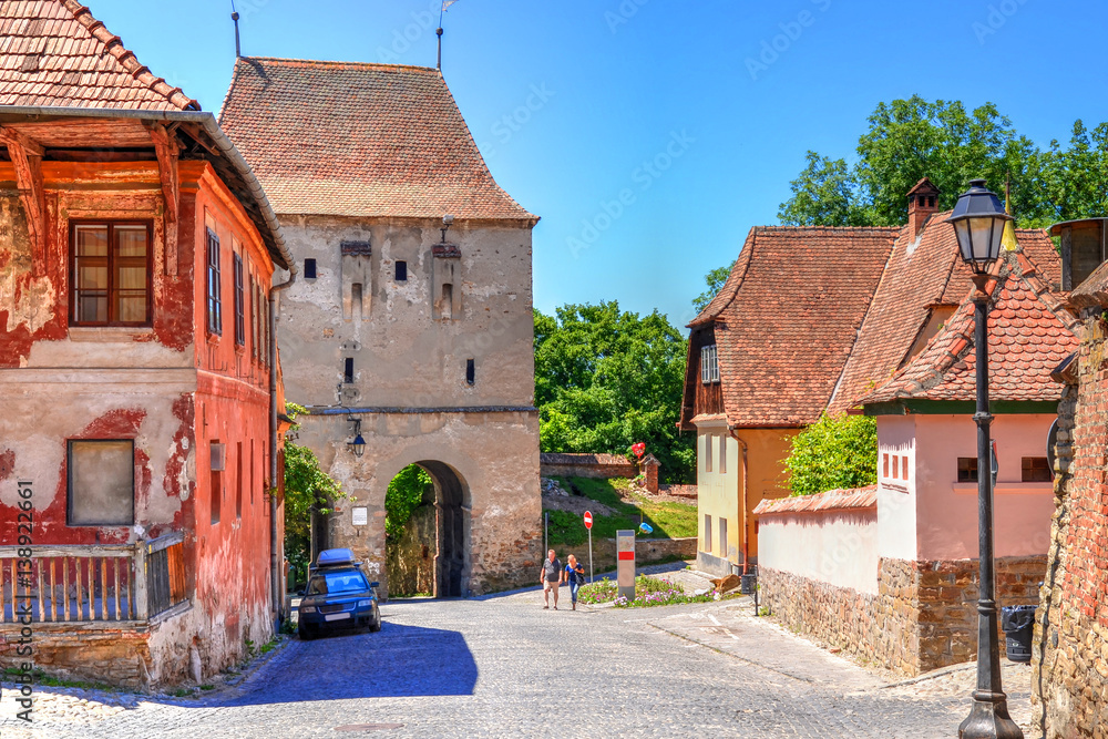 Medieval architecture inside the famous citadel of Sighisoara ...