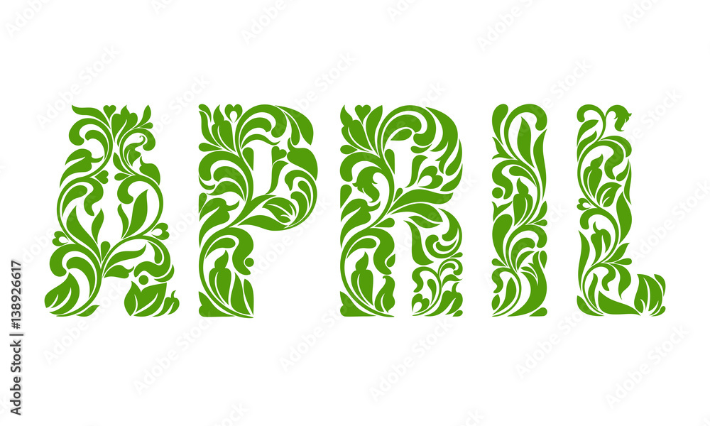 APRIL. Decorative Font with swirls and floral elements isolated on a ...