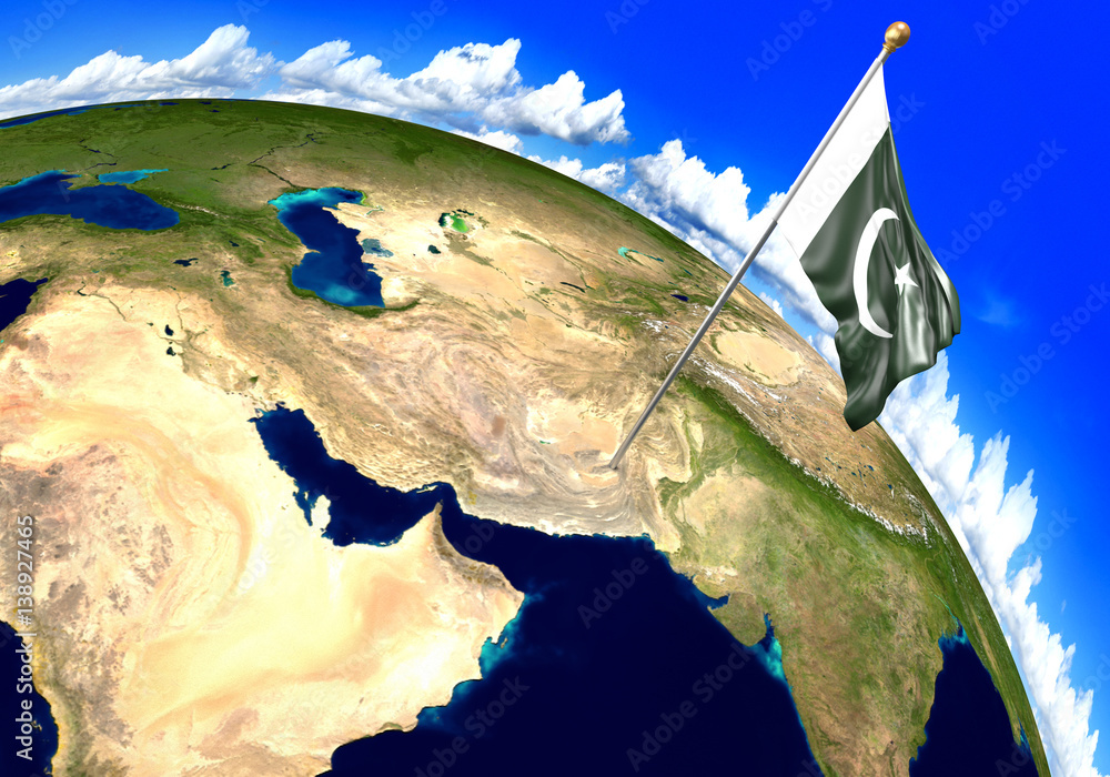 Pakistan national flag marking the country location on world map. 3D ...