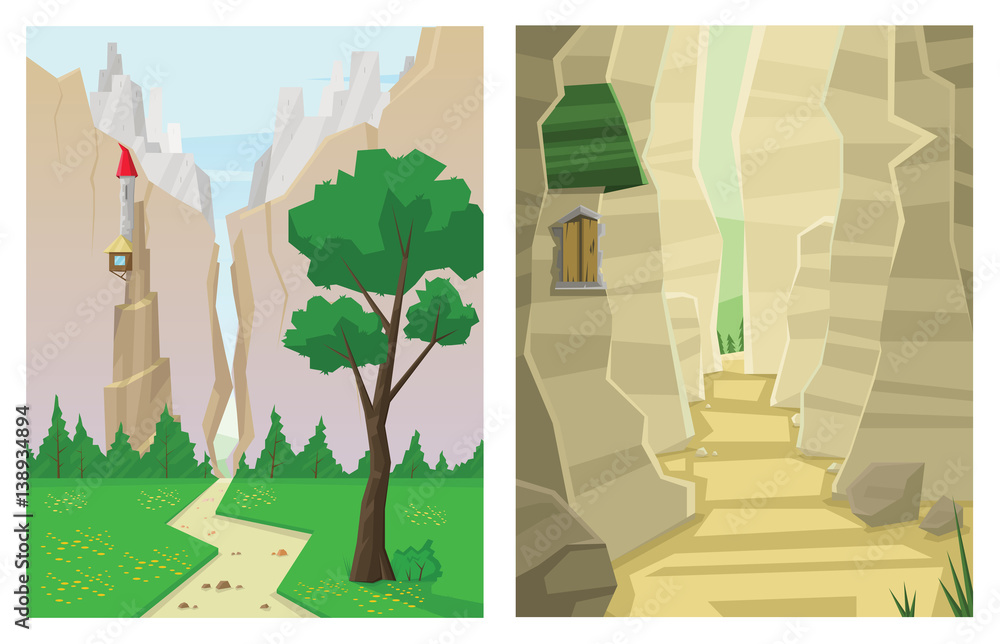 Digital vector abstract background set with a canyon and house in ...
