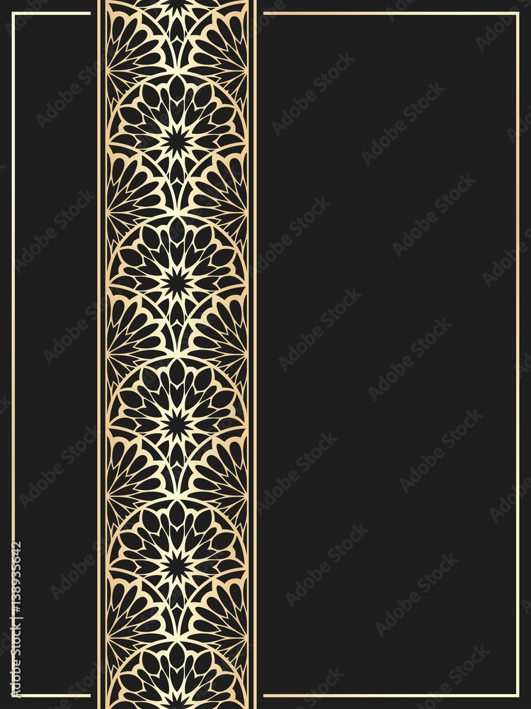 Islamic card. Golden border on black background. Vector template for ...