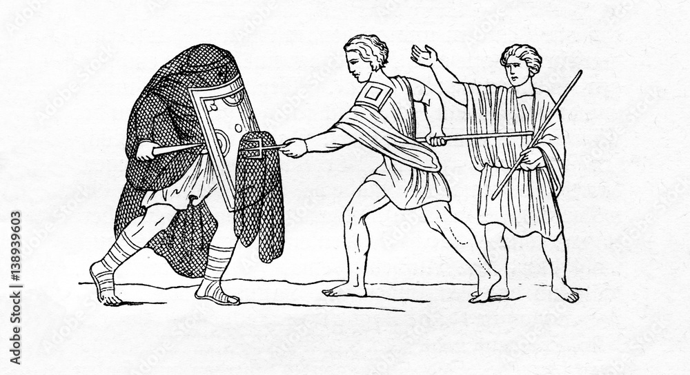 Roman gladiators - secutor (pursuer) fight with retiarius (net fighter ...