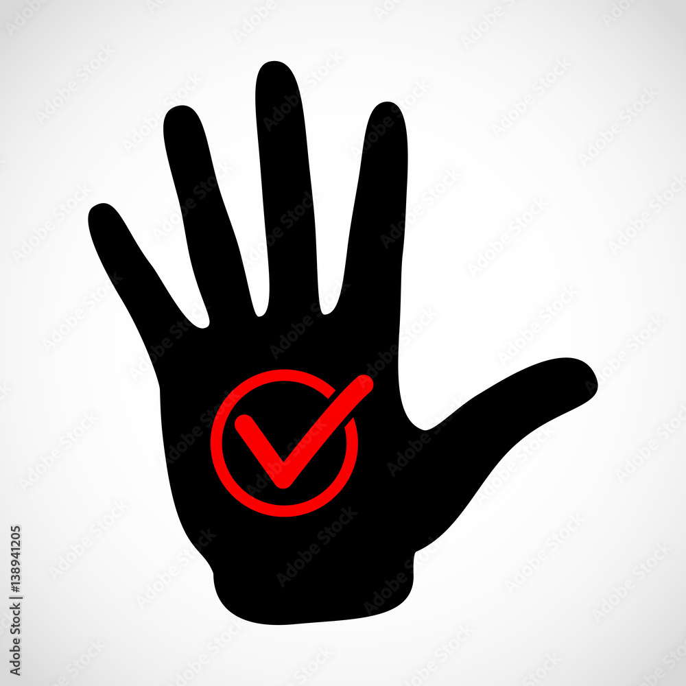 Black hand and check list button icon concept. Check mark in round sign ...
