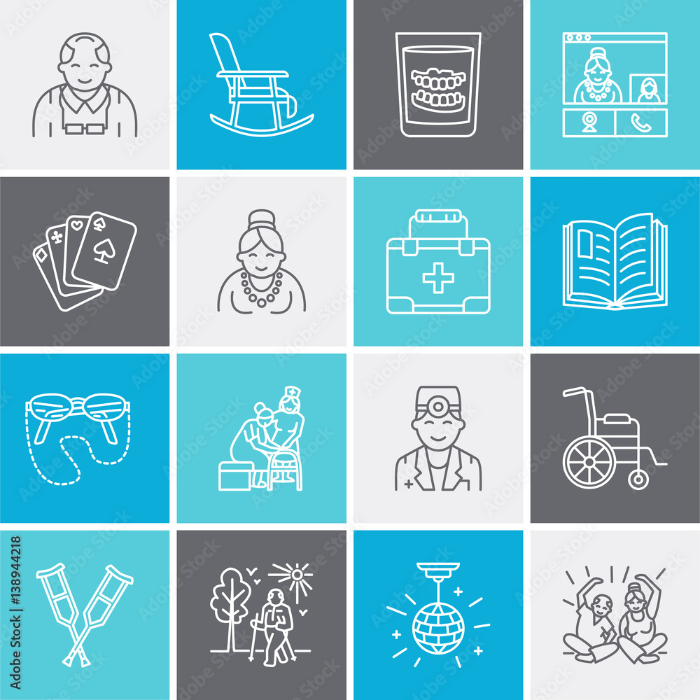 Modern vector line icon of senior and elderly care. Nursing home ...