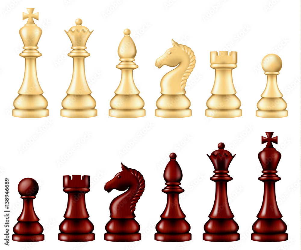 Wooden chess pieces set, two versions - white and black. Vector ...