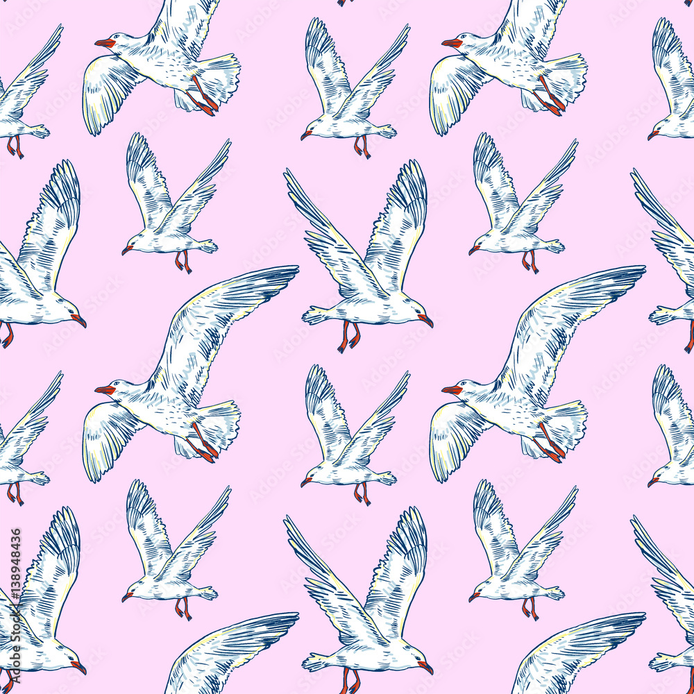 Gull flight bird and seabird . Sea. Seamless pattern Stock Illustration ...