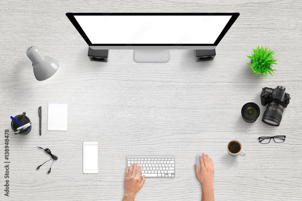 Office desk with modern devices for hero, header web site image. Free ...