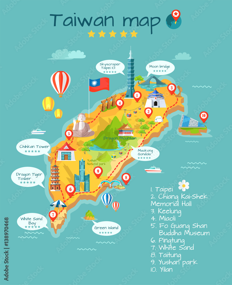Taiwan Map with Sightseeing Taipei Chiang Kai-Shek Stock ベクター | Adobe Stock