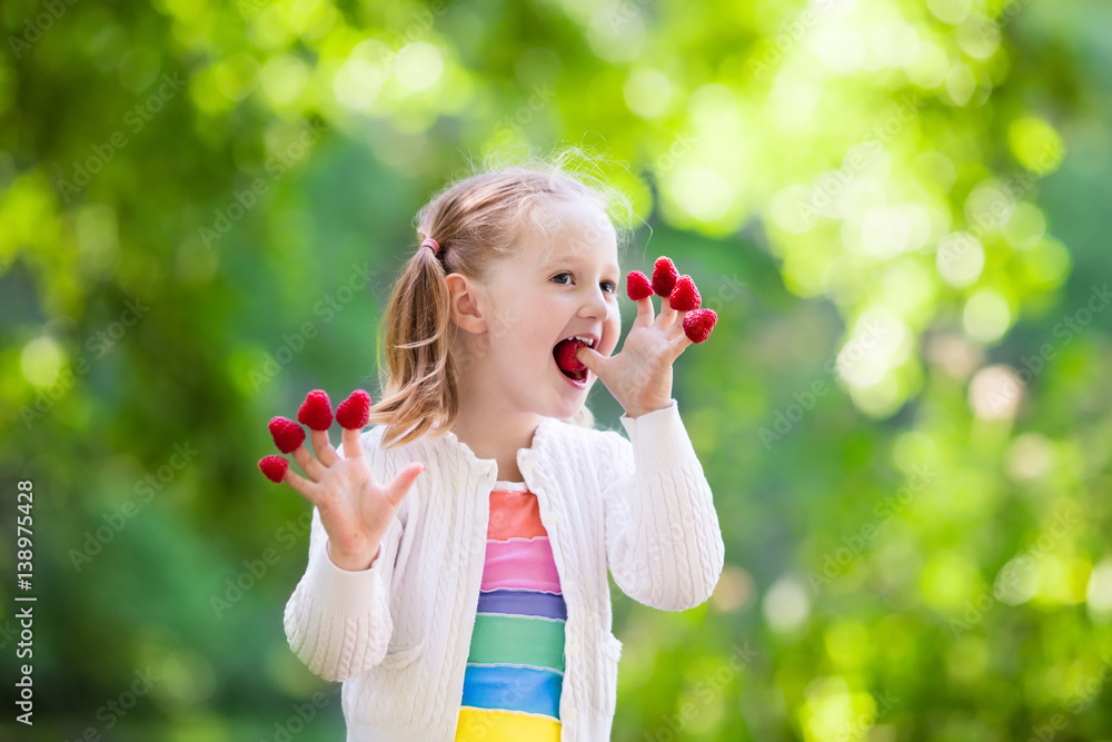 Child picking and eating raspberry in summer Stock-Foto | Adobe Stock