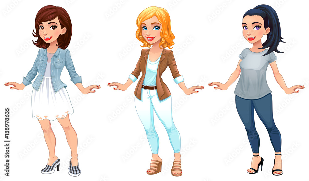 Three female cartoon characters Stock Vector | Adobe Stock