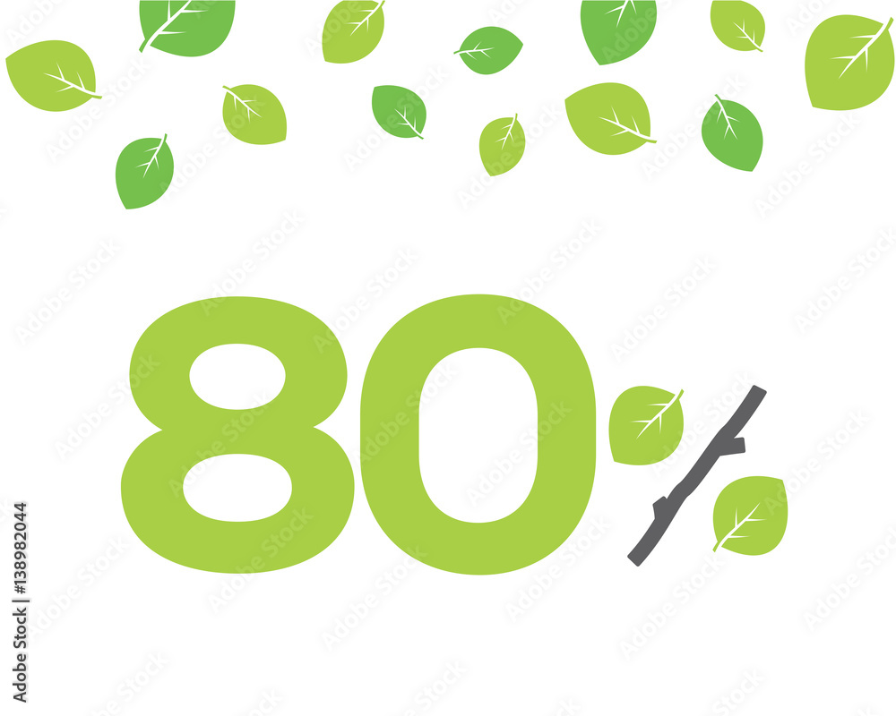 Vector green 80% text designed with a leaf and stick branch percent ...