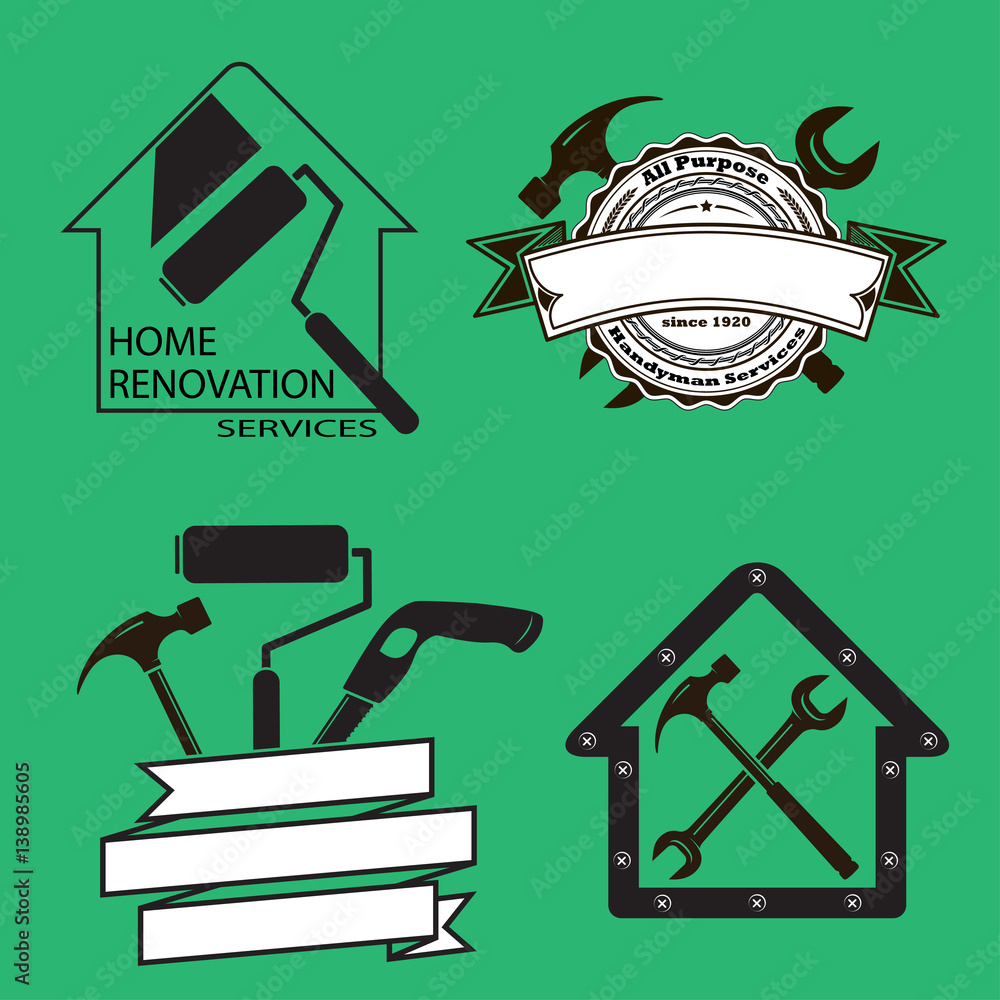 Black and white icons with hand tools. House remodeling, renovation and ...