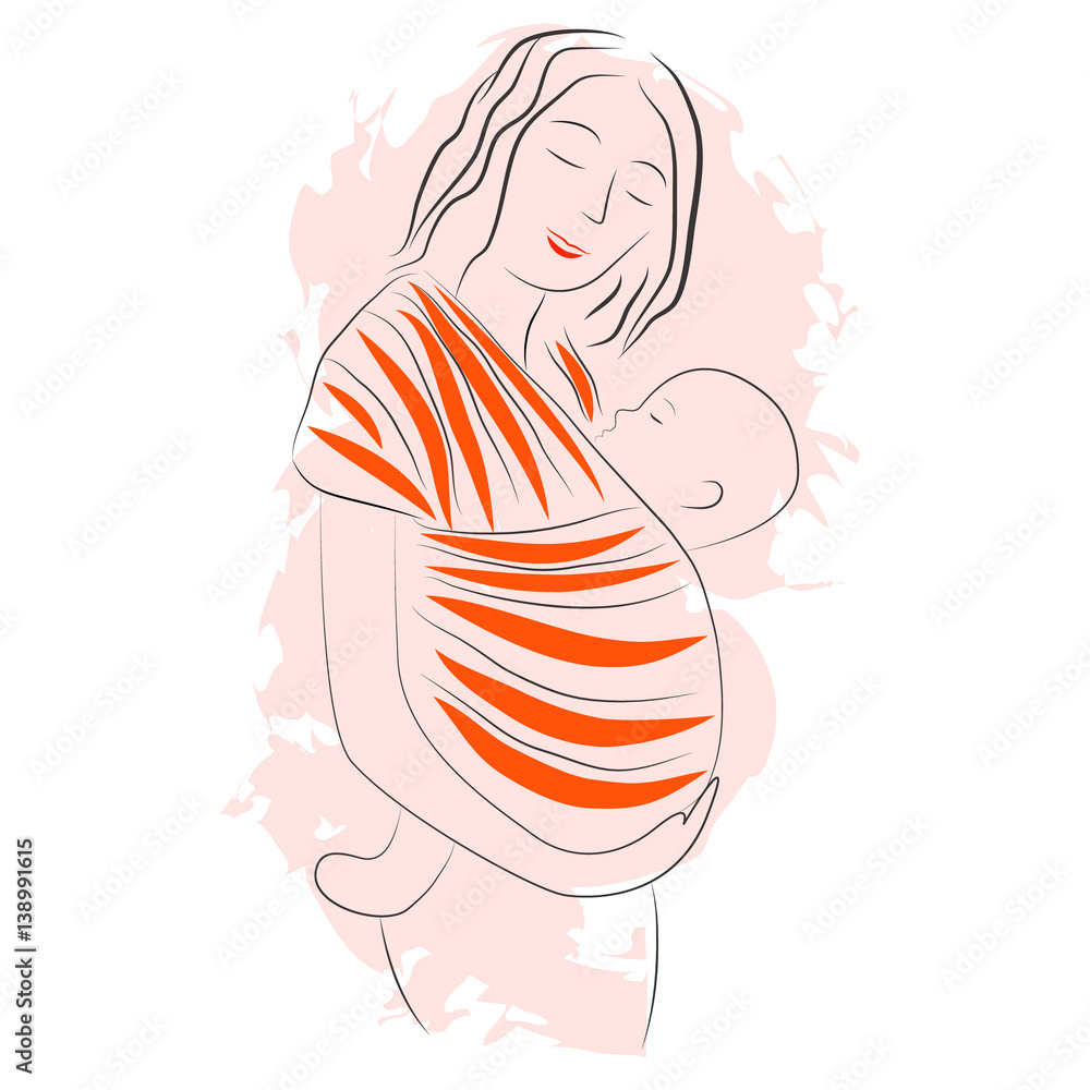 A young woman carrying child in a baby sling. Vector illustration in ...