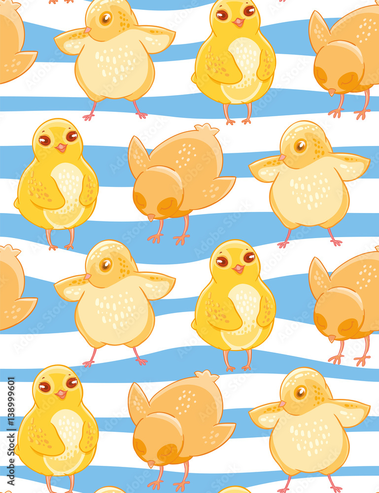 Seamless pattern with cute cartoon yellow chicken blue and white ...