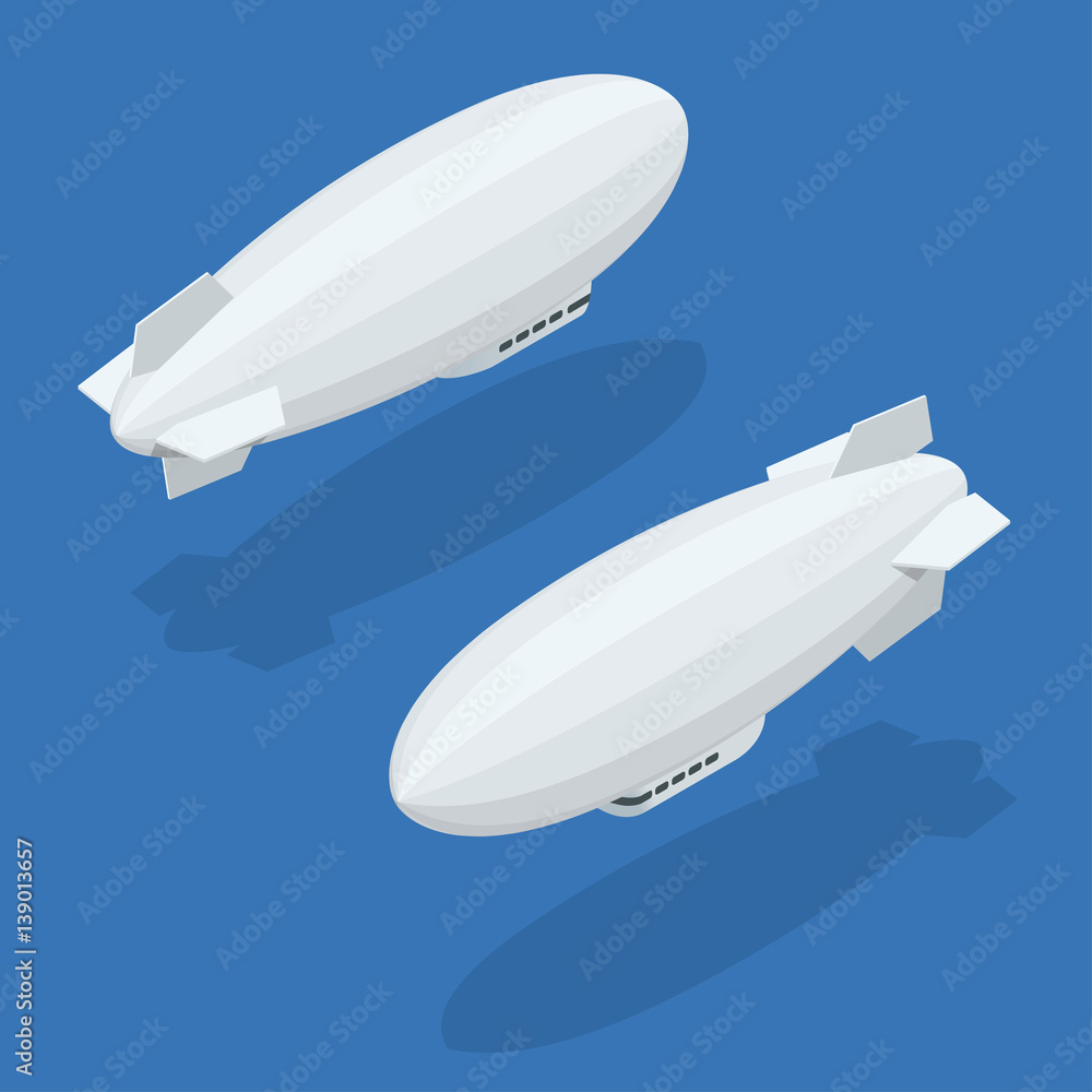 Isometric Dirigible in flight icons collection on white background. 3d ...