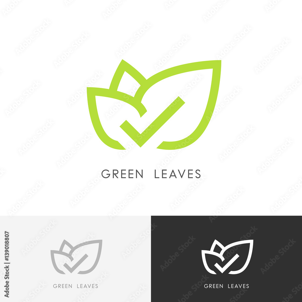 Green leaves logo - plant with check mark or tick symbol. Ecology and ...