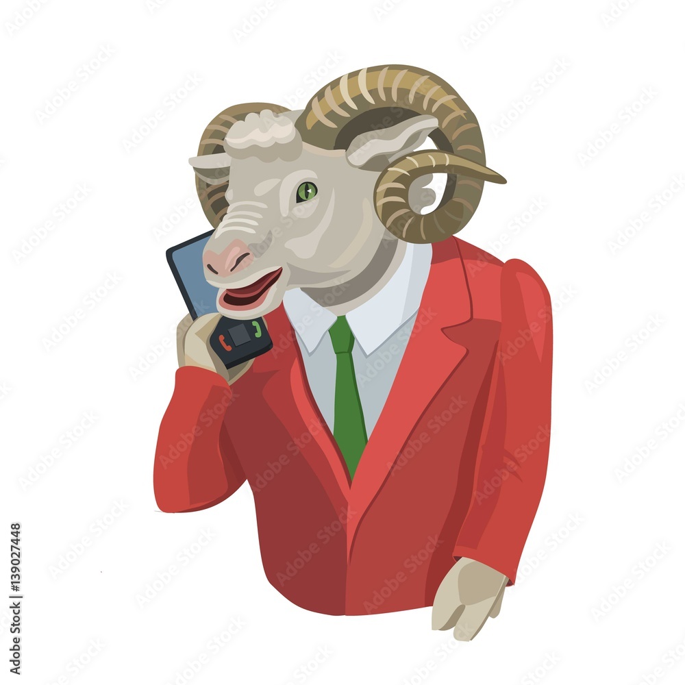 A sheep calling on a cell phone/ Sheep calling from a mobile phone to ...