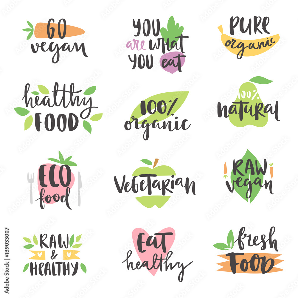 Hand drawn style set of bio organic eco healthy food labels logo ...