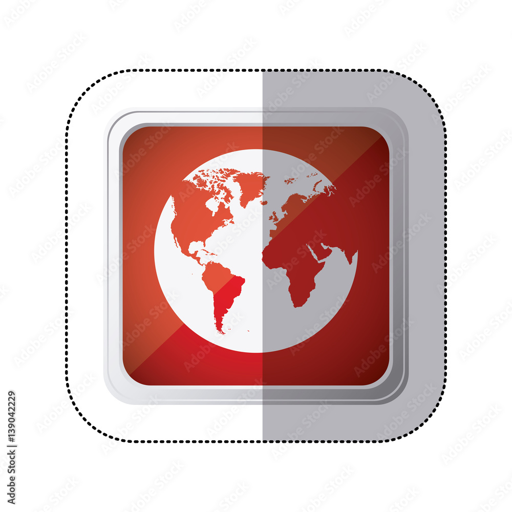 sticker red square button with silhouette globe earth world map vector ...