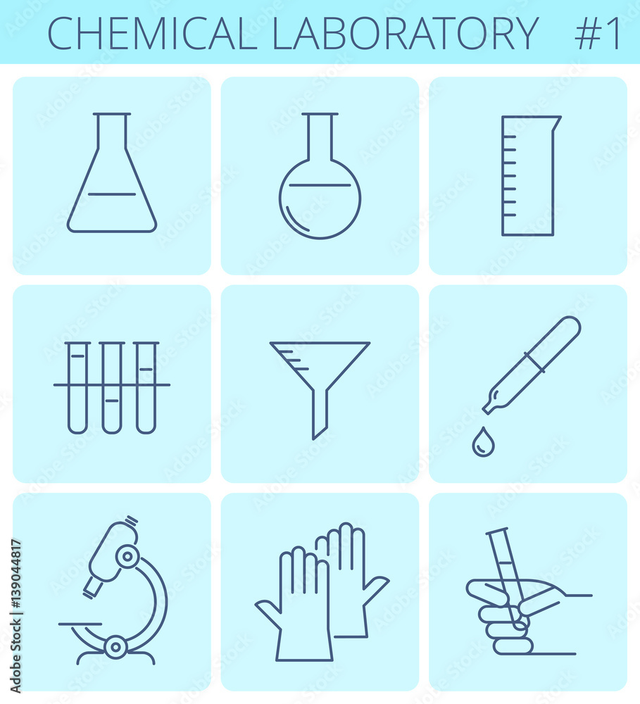 Chemical laboratory equipment outline icons: glass test tube, lab ...