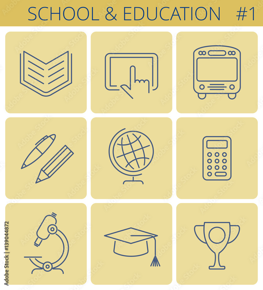 School and education outline icons: pen, pencil, globe, computer, bus ...