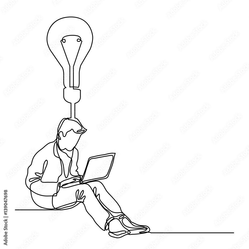 continuous line drawing of a guy sitting with laptop computer with idea ...