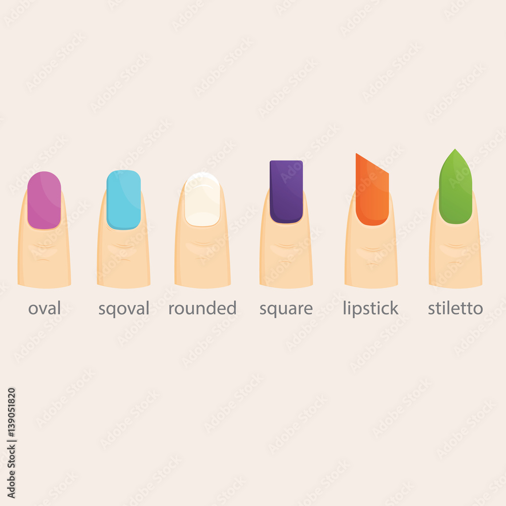 Modern vector illustration of colorful Nail shape icons. Types of ...