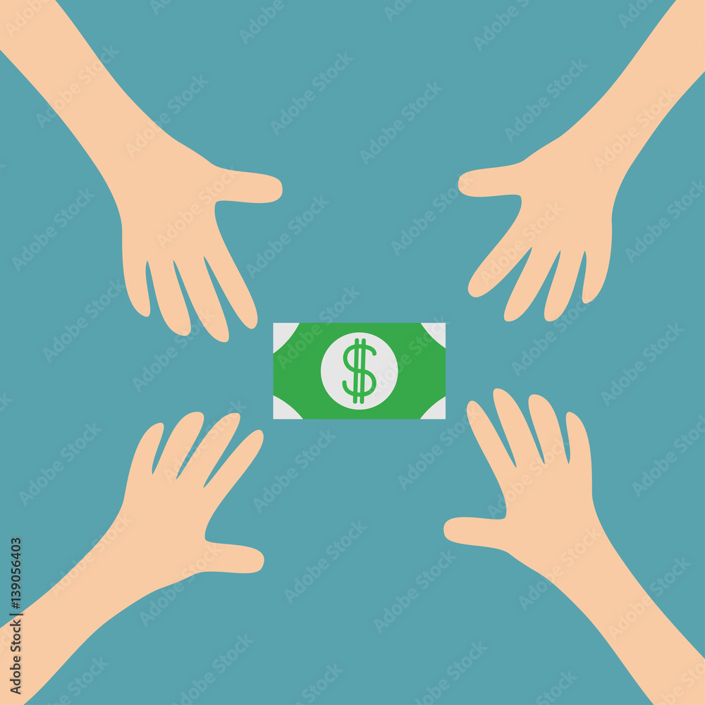 Four Hands arms reaching to cash paper green money dollar sign symbol ...