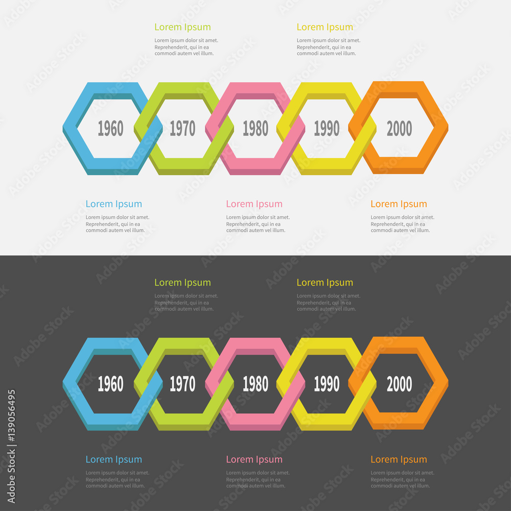 Five step Timeline Infographic set. Colorful 3D polygon line chain ...