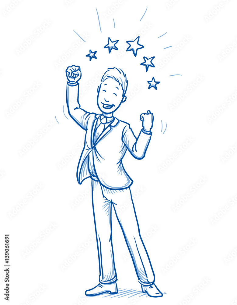 Happy young man in business suit making winning gesture with stars ...