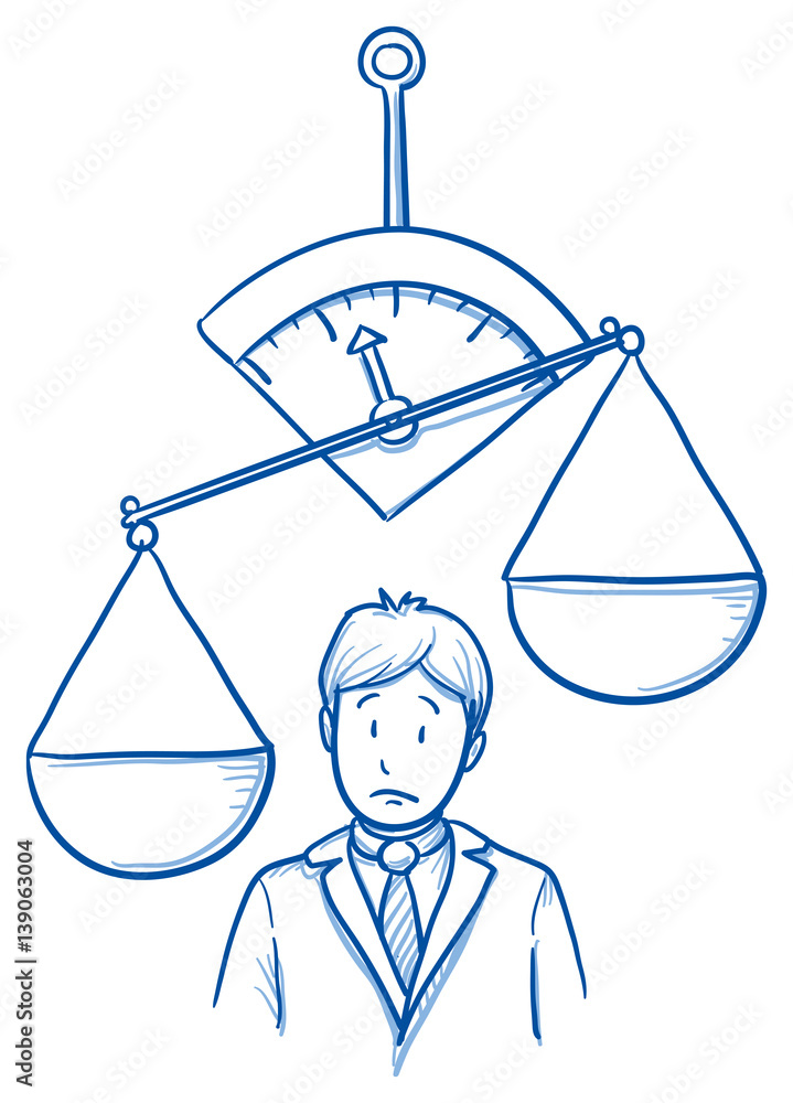 Unhappy business man, with uneven scales. Concept for imbalance. Hand ...
