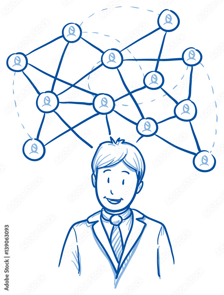 Happy business man, with network lines and icons, concept for social ...
