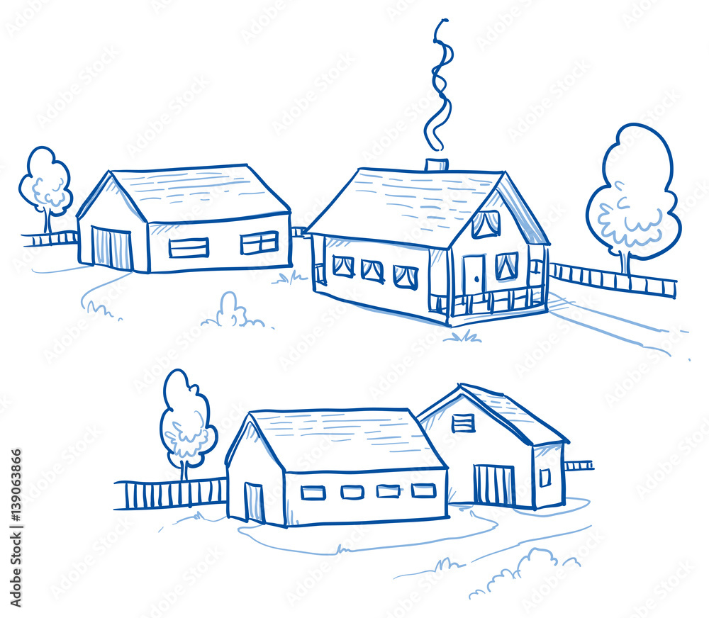 Set of two farm buildings, country houses, real estates. Hand drawn ...