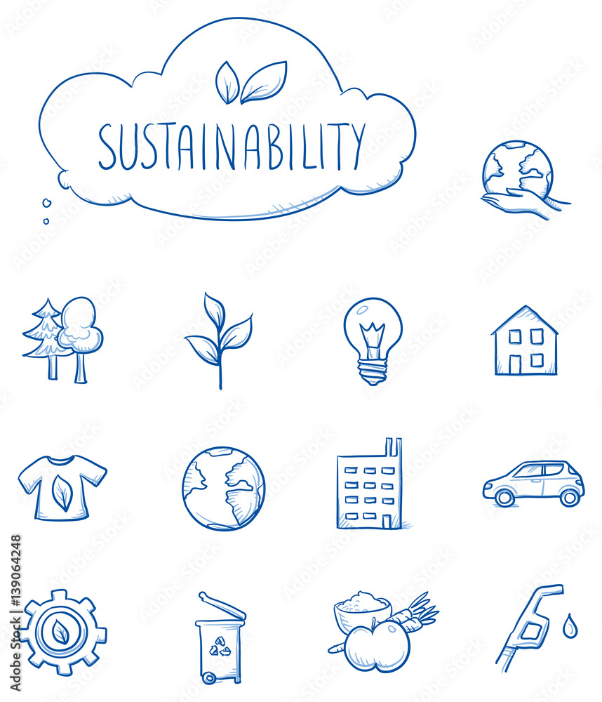 Icon set ecology, sustainability, with various objects, house, food ...