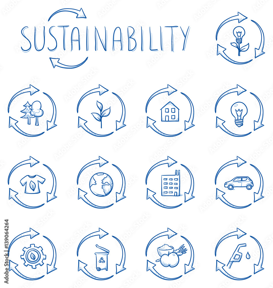 Icon set ecology, sustainability, with recycle arrows around various ...