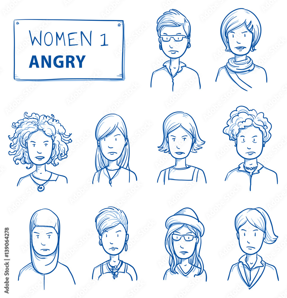 Collection of angry women. Set of various dissatisfied, enraged women ...