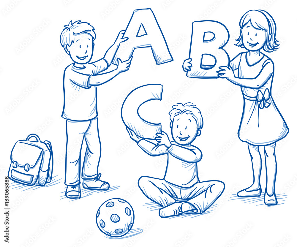 Group of three happy smiling children holding letters, primary school ...