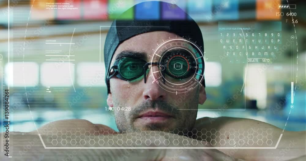 professional swimmer leaning at the poolside in an Olympic pool looks ...