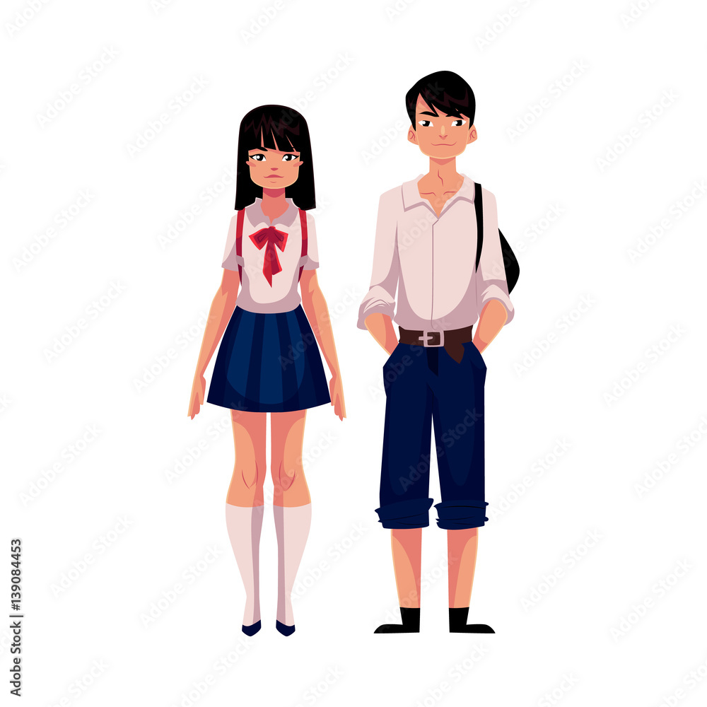 Typical teenage Japanese students, schoolgirl and schoolboy, in typical ...