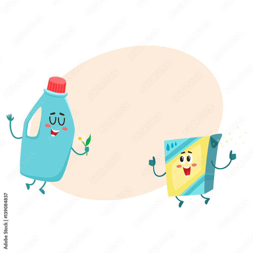 Funny detergent bottle and washing powder characters with smiling human ...