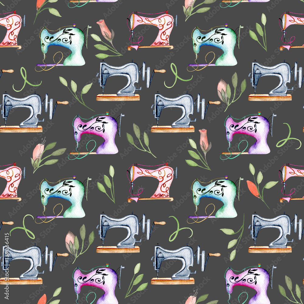 Seamless pattern with watercolor retro sewing machines and floral ...