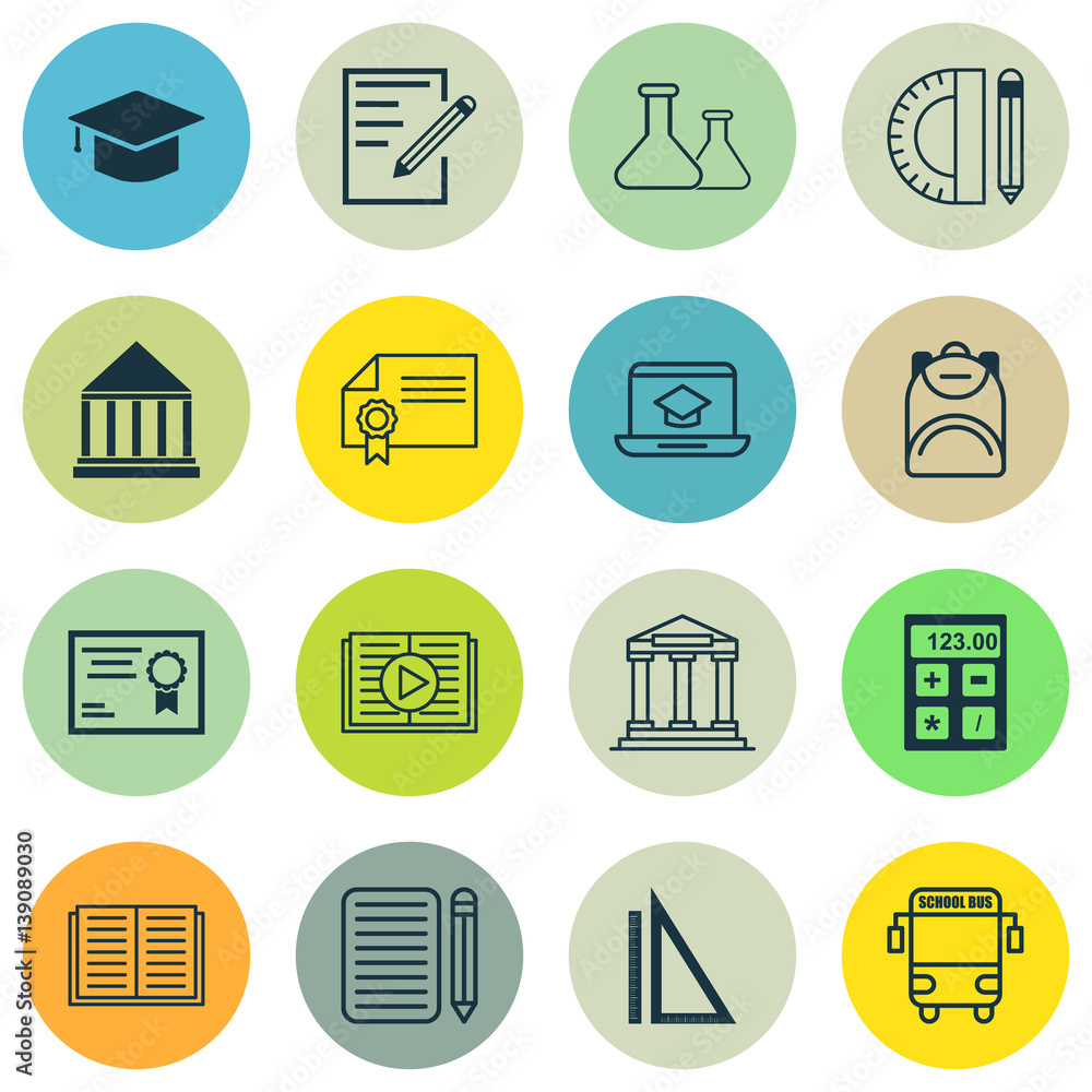 Set Of 16 School Icons. Includes Taped Book, Graduation, Certificate ...