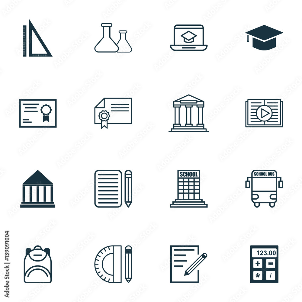 Set Of 16 Education Icons. Includes Taped Book, Transport Vehicle, Home ...
