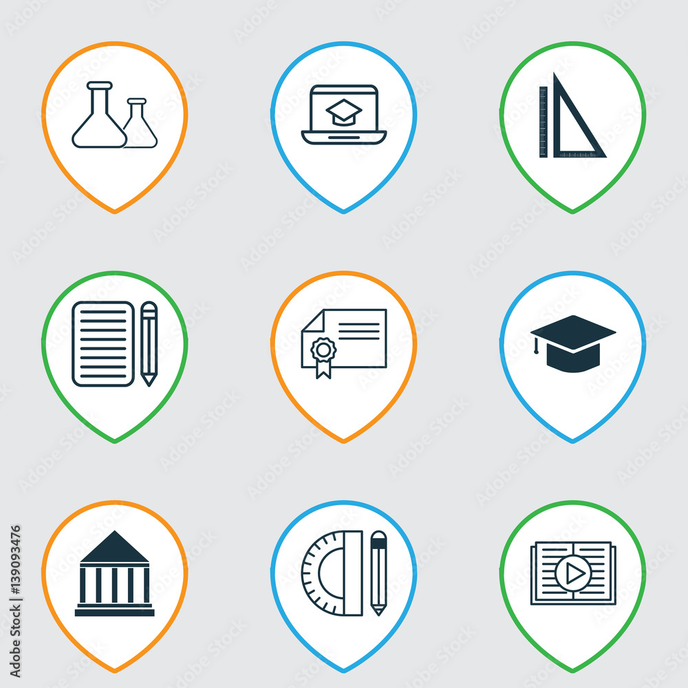 Set Of 9 School Icons. Includes Education Center, Taped Book, Education ...